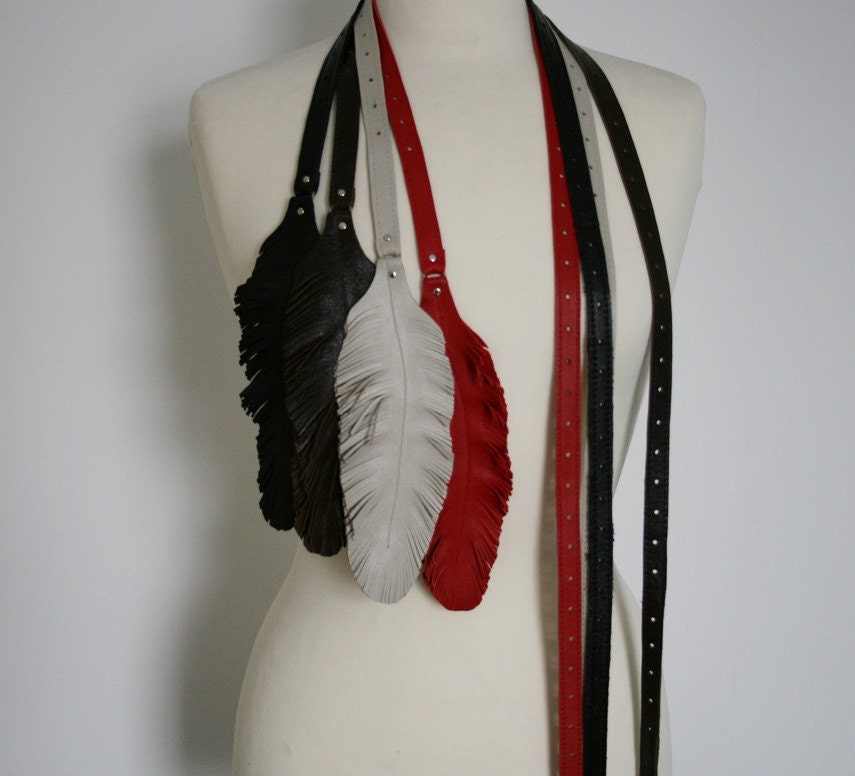 Double Wrap Leather Belt With Hanging Feather - DARK BROWN - Etsy