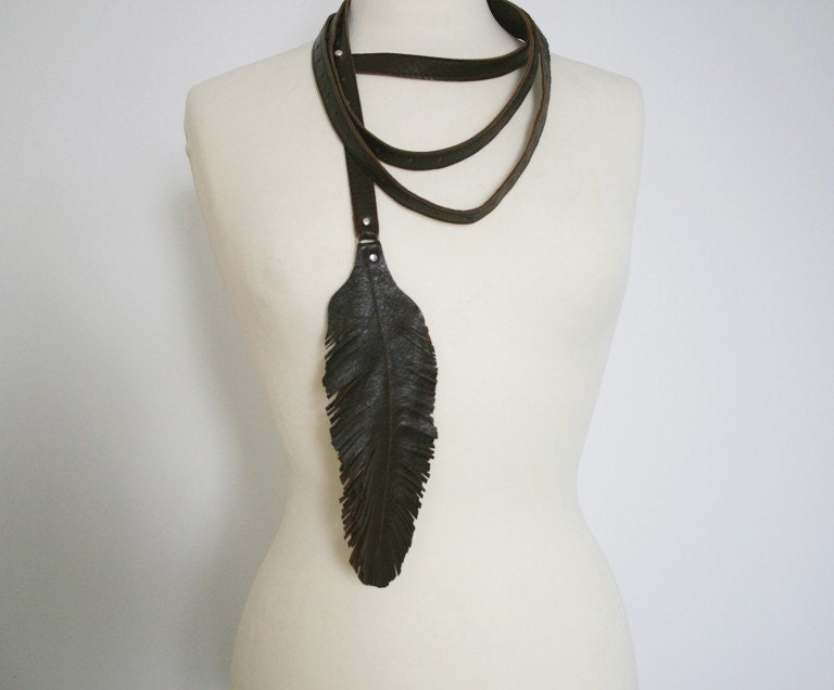 Double Wrap Leather Belt With Hanging Feather - DARK BROWN - Etsy