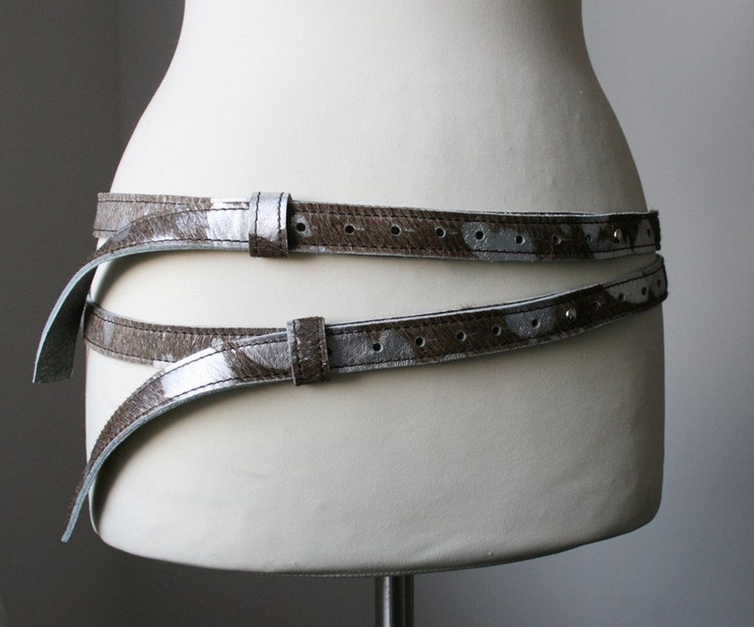 Skinny Double Leather Belt - Cow Hide, Silver Animal Print - Etsy