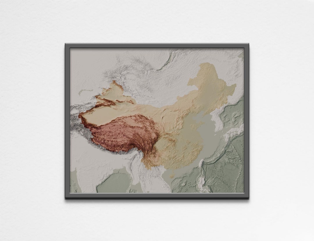 2D Printable Shaded Relief China Map Poster | China East Asia Elevation ...