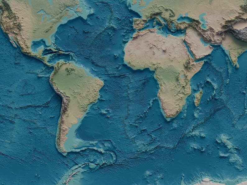 2D Printable Shaded Relief World Map Poster | World Elevation Map ...