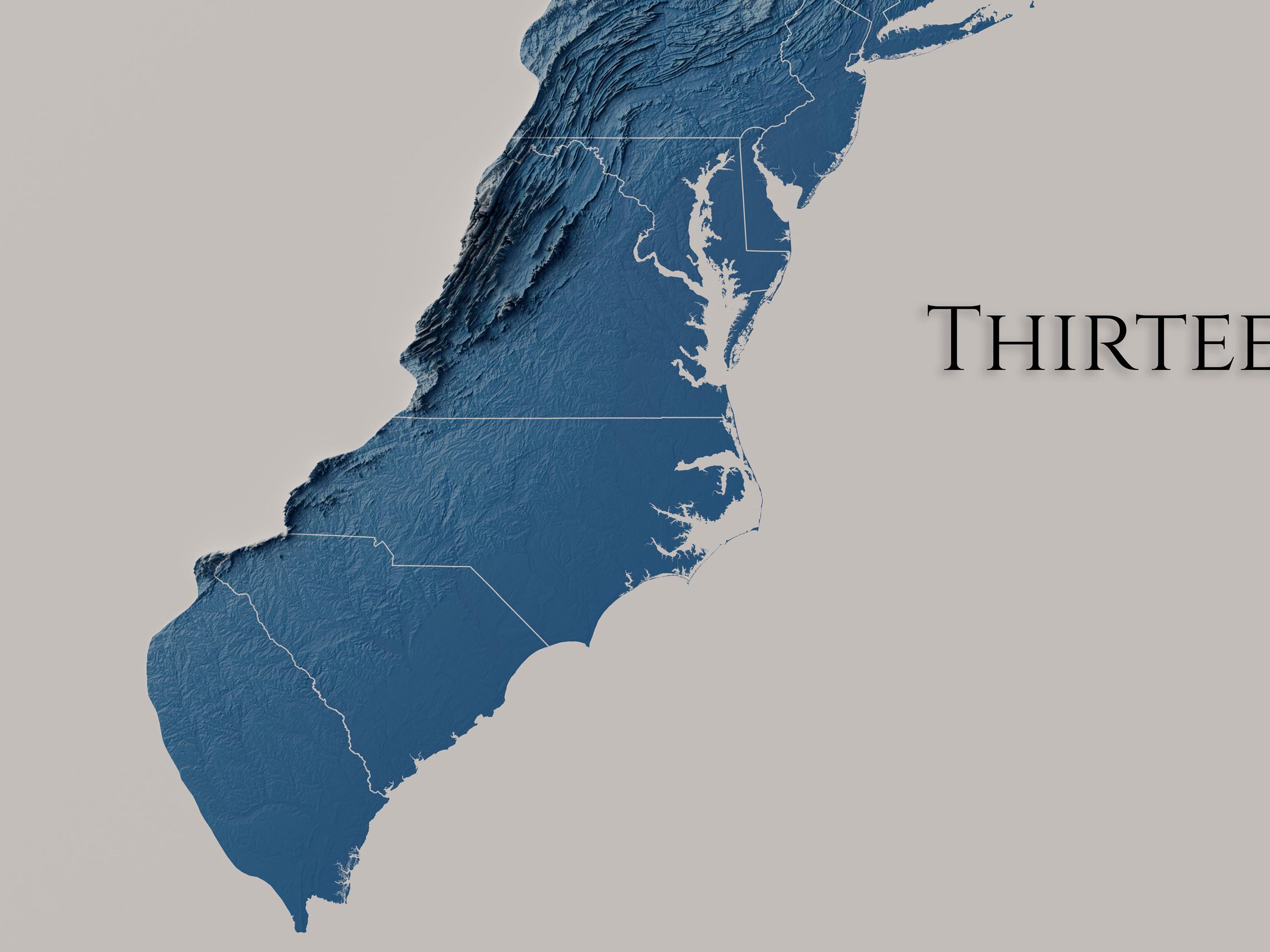 2D Printable Shaded Relief Thirteen Colonies USA Map Poster | 13 ...