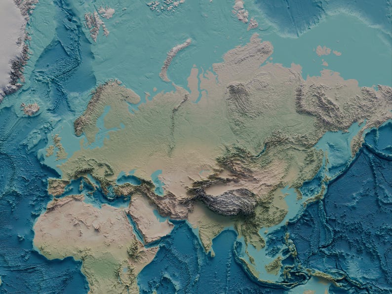 2D Printable Shaded Relief World Map Poster | World Elevation Map Geography Poster | High ...