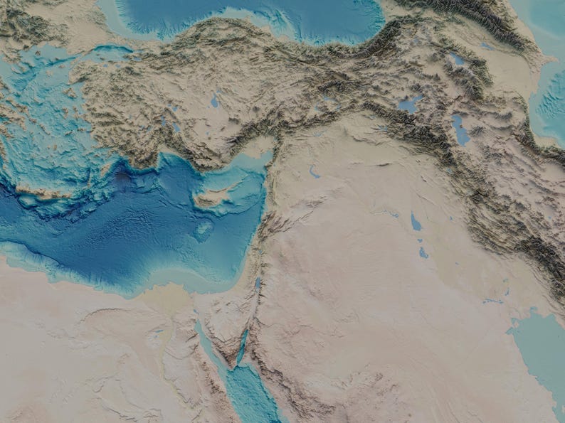 2D Printable Shaded Relief Middle East Map Poster | Middle East ...