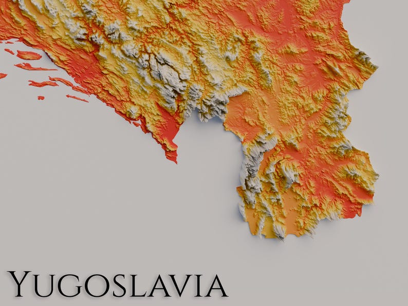 2D Printable Shaded Relief Yugoslavia Map Poster | Yugoslavia Geography ...