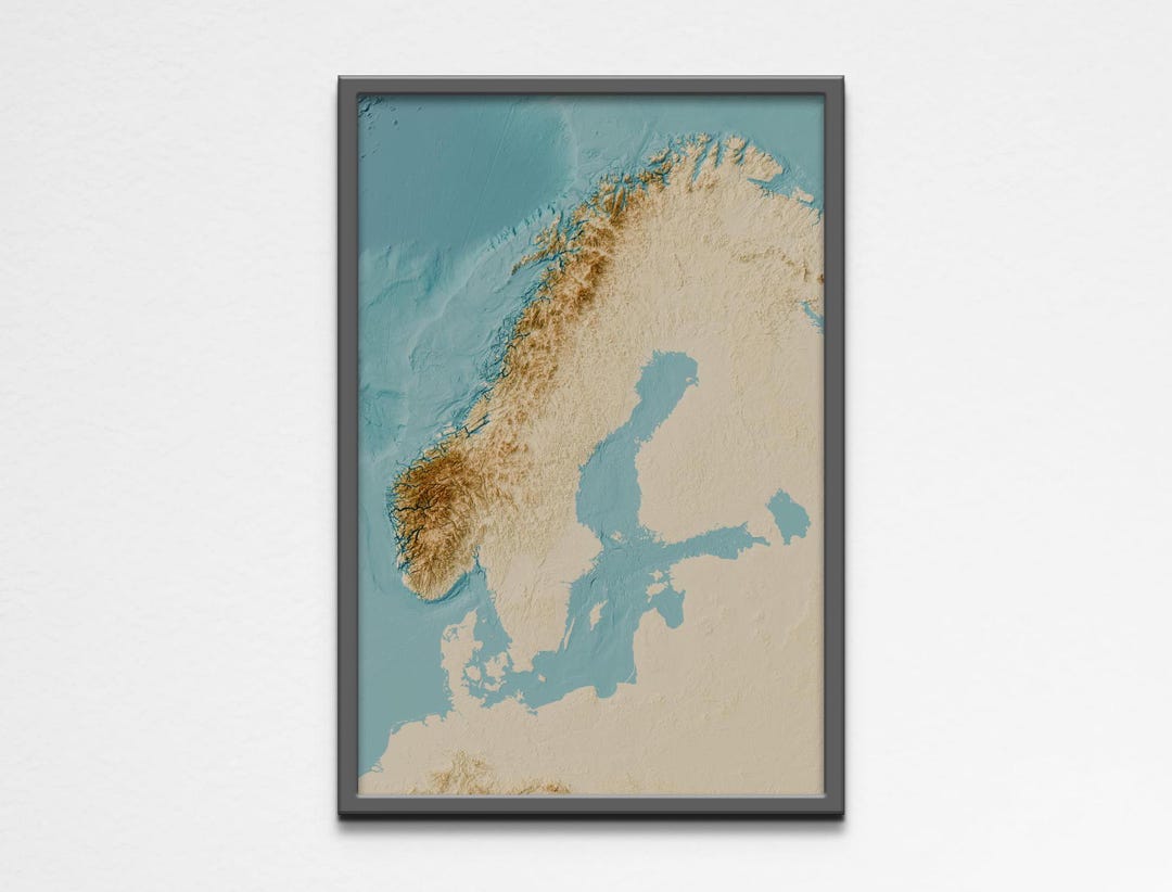 2D Printable Shaded Relief Scandinavia and the Baltics Map Poster ...