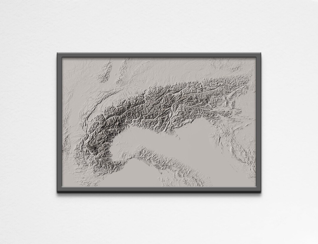 2D Printable Shaded Relief Alps Map Poster | the Alps Europe Elevation ...