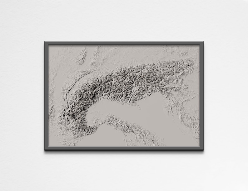 2D Printable Shaded Relief Alps Map Poster | the Alps Europe Elevation ...