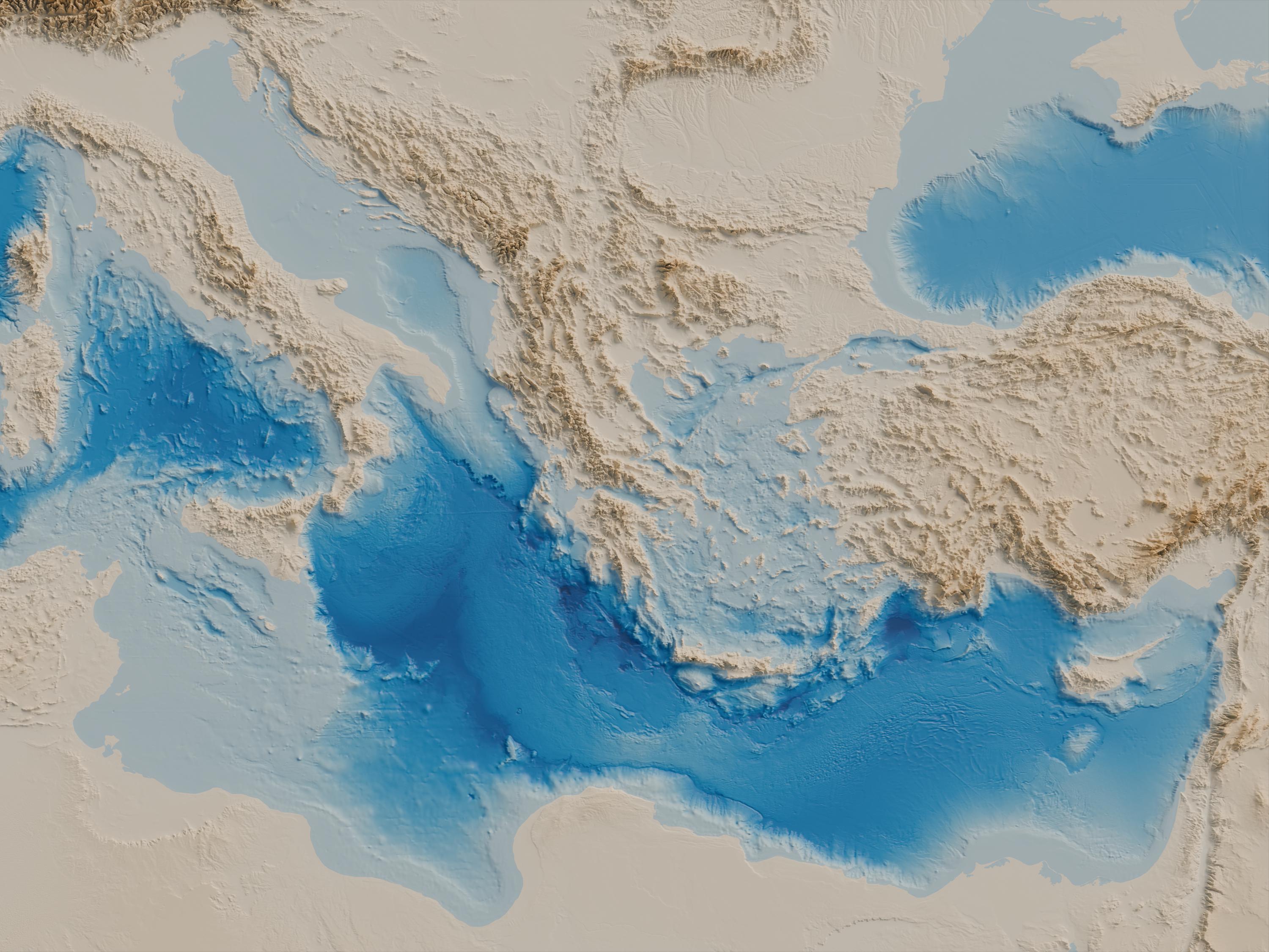 2D Printable Shaded Relief Mediterranean Sea Map Poster | Mediterranean ...