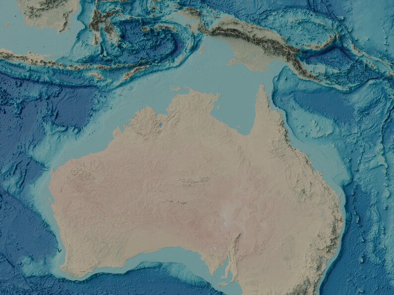 2D Printable Shaded Relief Oceania Map Poster | Australia and New ...