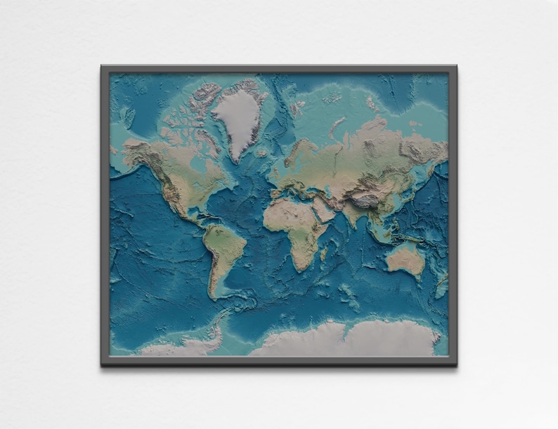 2D Printable Shaded Relief World Map Poster | World Elevation Map ...