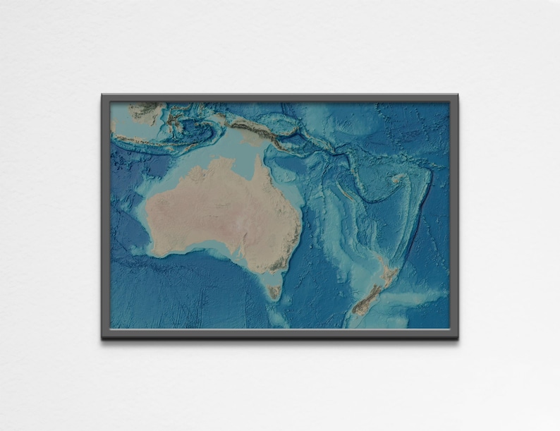 2D Printable Shaded Relief Oceania Map Poster Australia and New Zealand ...