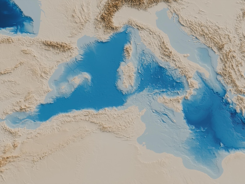 2D Printable Shaded Relief Mediterranean Sea Map Poster | Mediterranean ...
