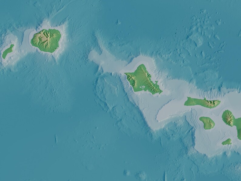 2D Printable Shaded Relief Hawaii Map Poster Hawaiian Islands Elevation ...