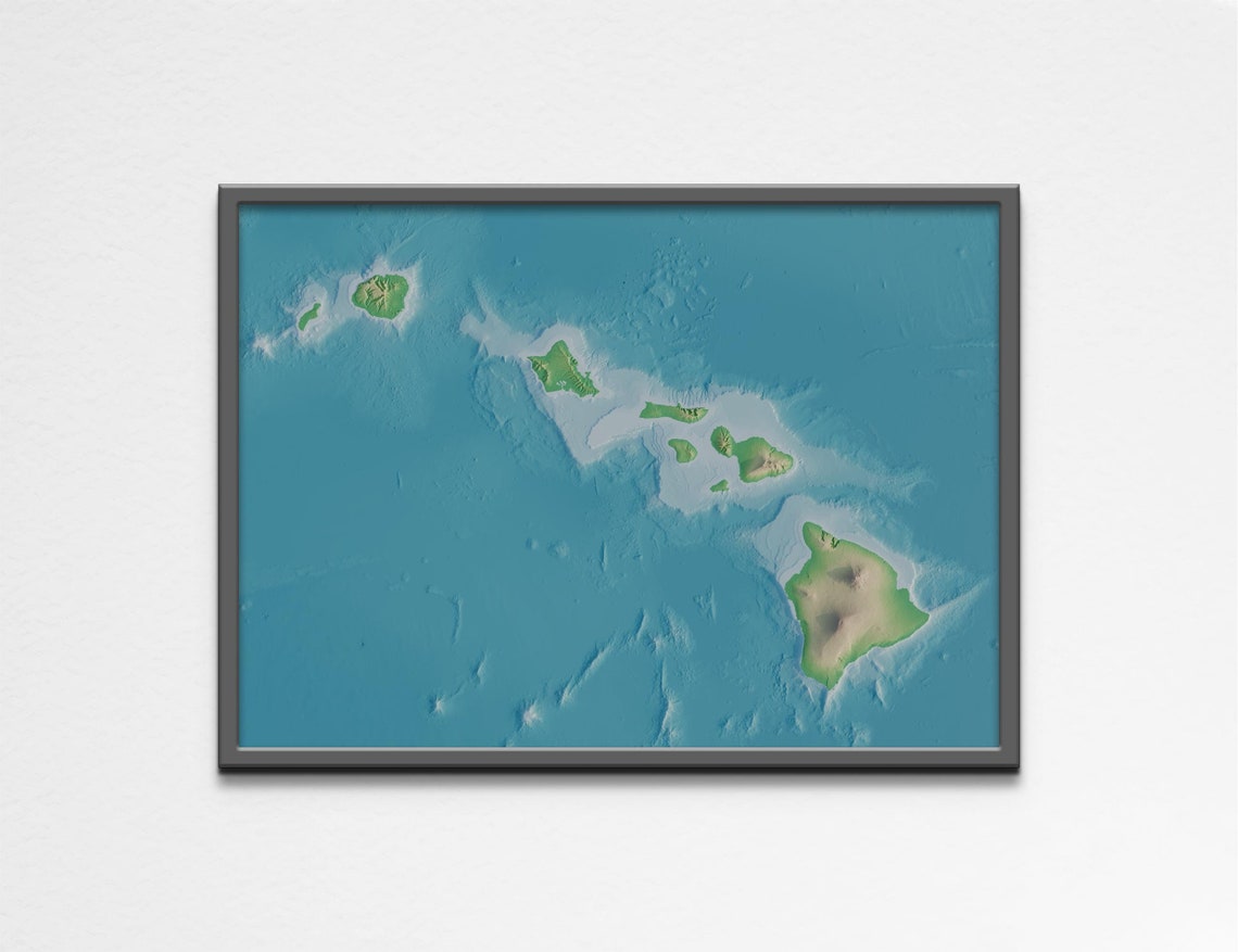 2D Printable Shaded Relief Hawaii Map Poster Hawaiian Islands Elevation ...
