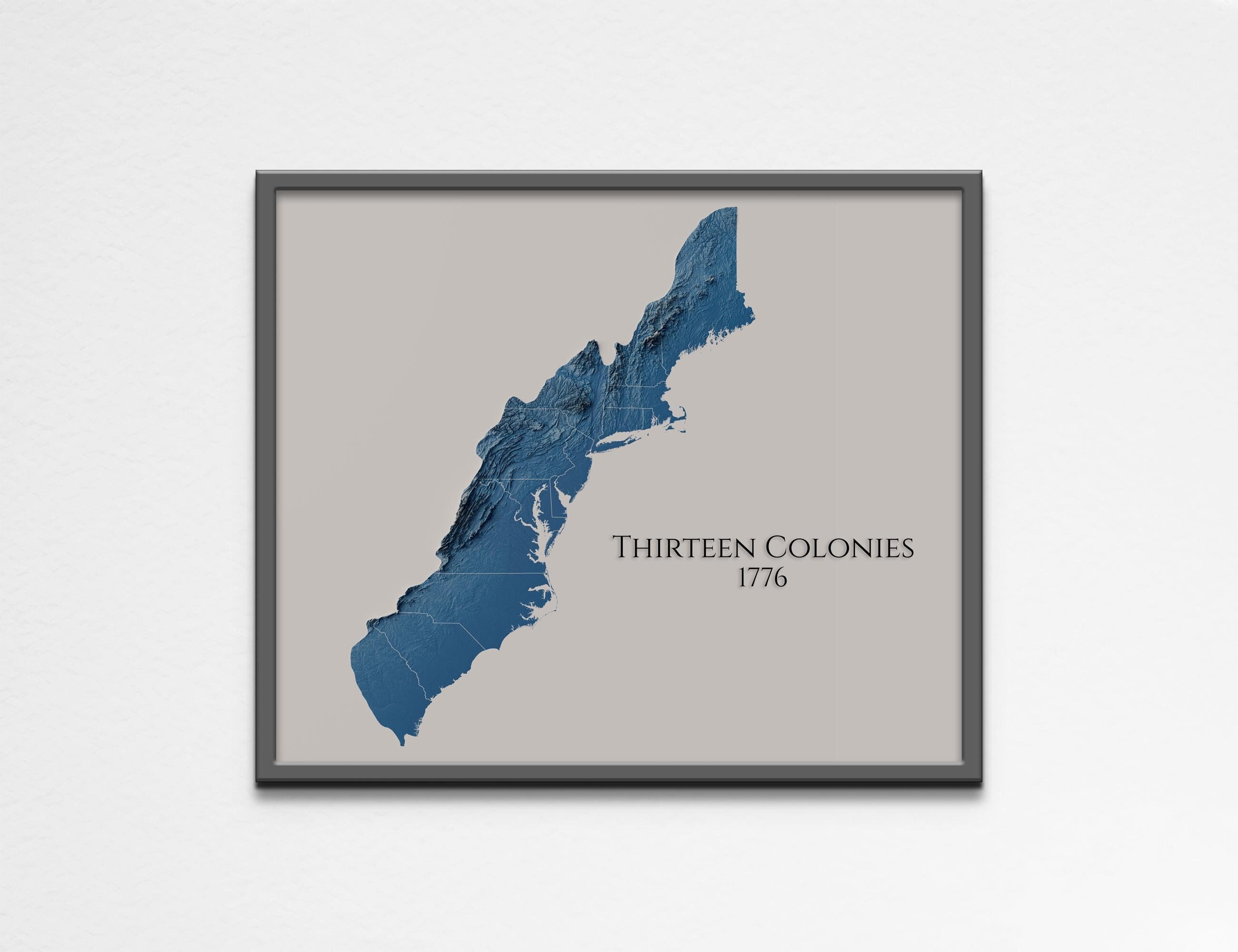2D Printable Shaded Relief Thirteen Colonies USA Map Poster | 13 ...