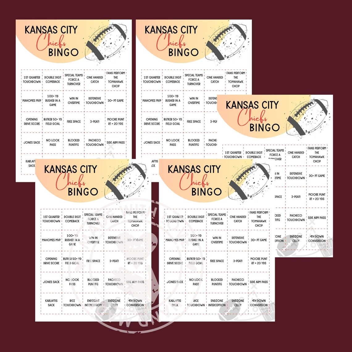 Set of 5 Kansas City Chiefs Bingo Cards - 2024 NFL Season Game Day ...