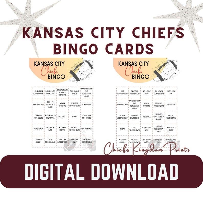 Set of 5 Kansas City Chiefs Bingo Cards - 2024 NFL Season Game Day ...