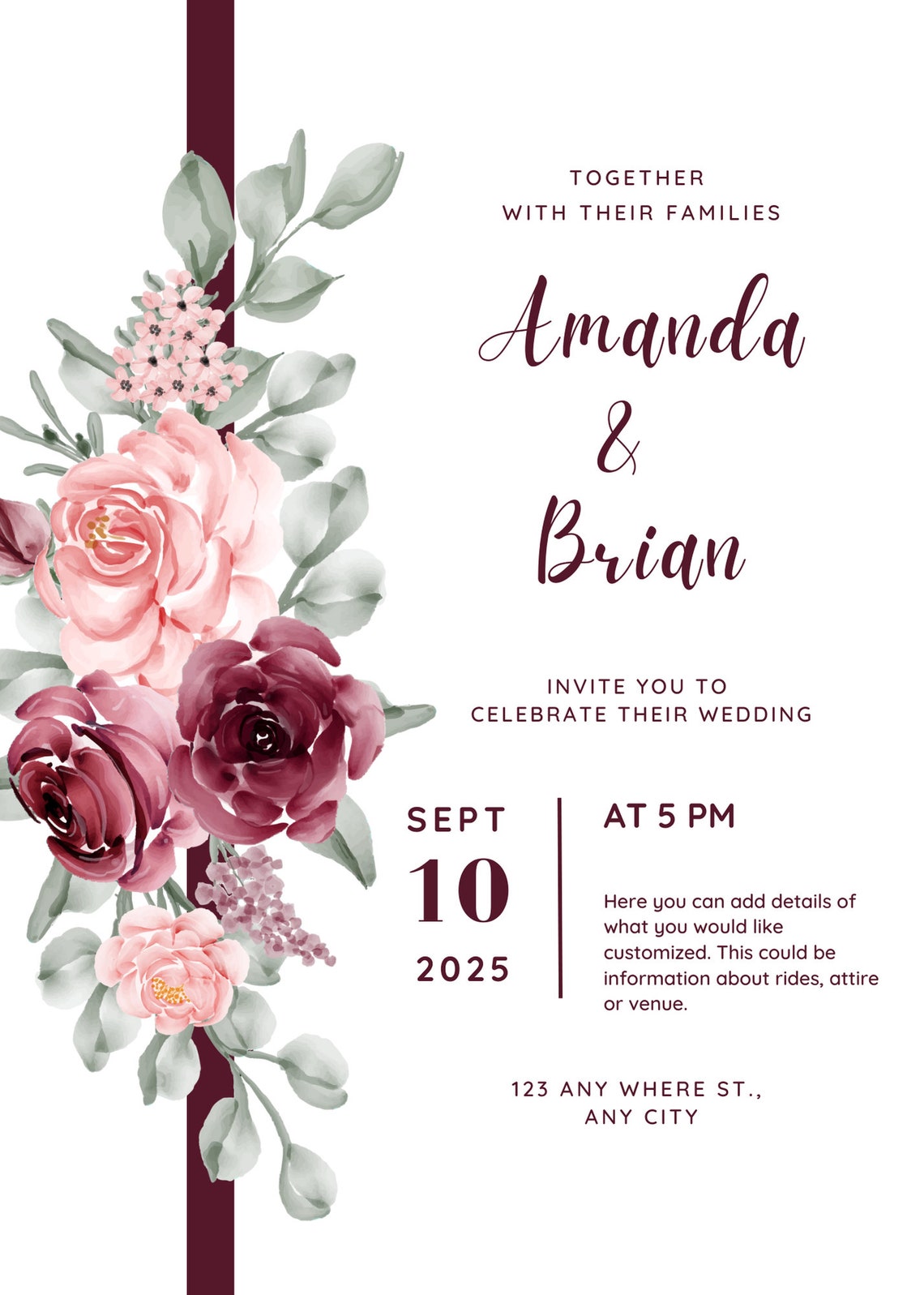 Personalized Wedding Invitation - Maroon, Maroon Flowers, Floral ...