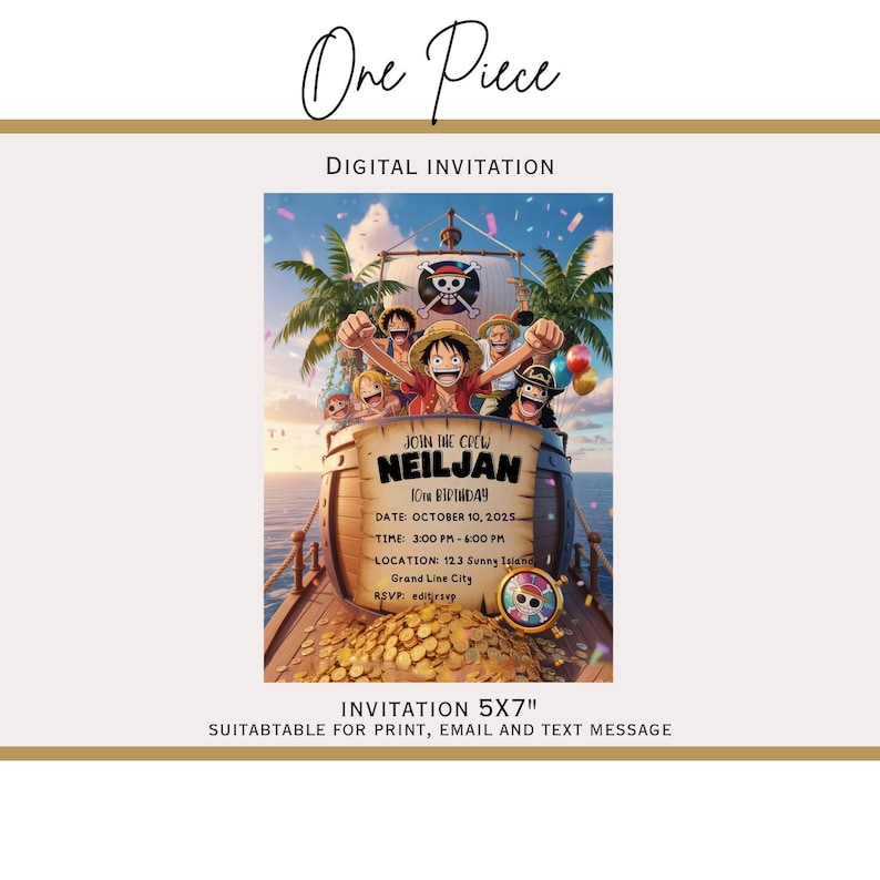 One Piece Birthday Invitation: Pirate Anime Theme (digital Download ...