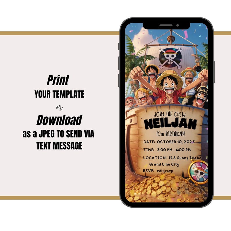 One Piece Birthday Invitation: Pirate Anime Theme (digital Download ...