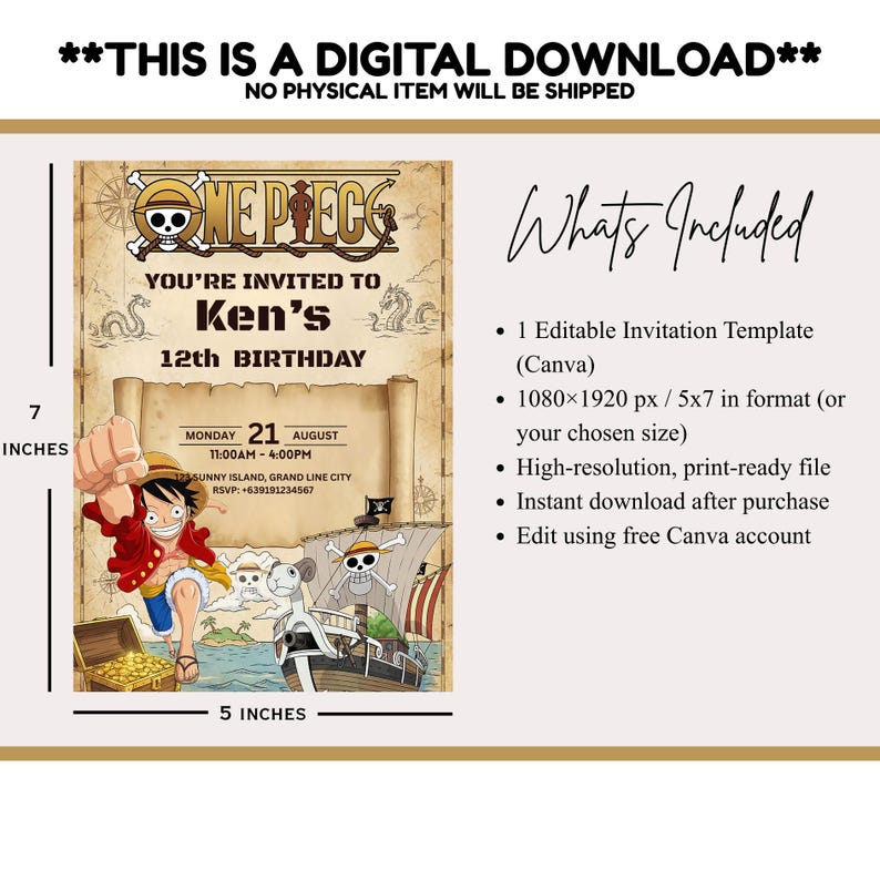 One Piece Birthday Invitation Pirate Anime Party Invite Editable ...