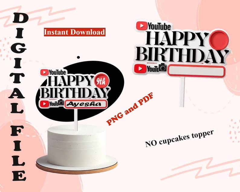 Youtube Customizable Printable Cake Topper Birthday Cake Topper Digital ...