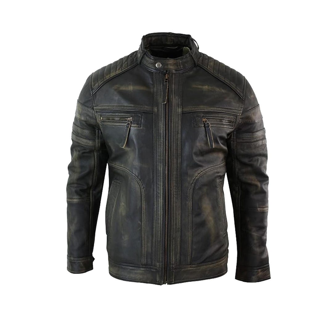 Men's Distressed Leather Biker Jacket With Shoulder Padding Real ...