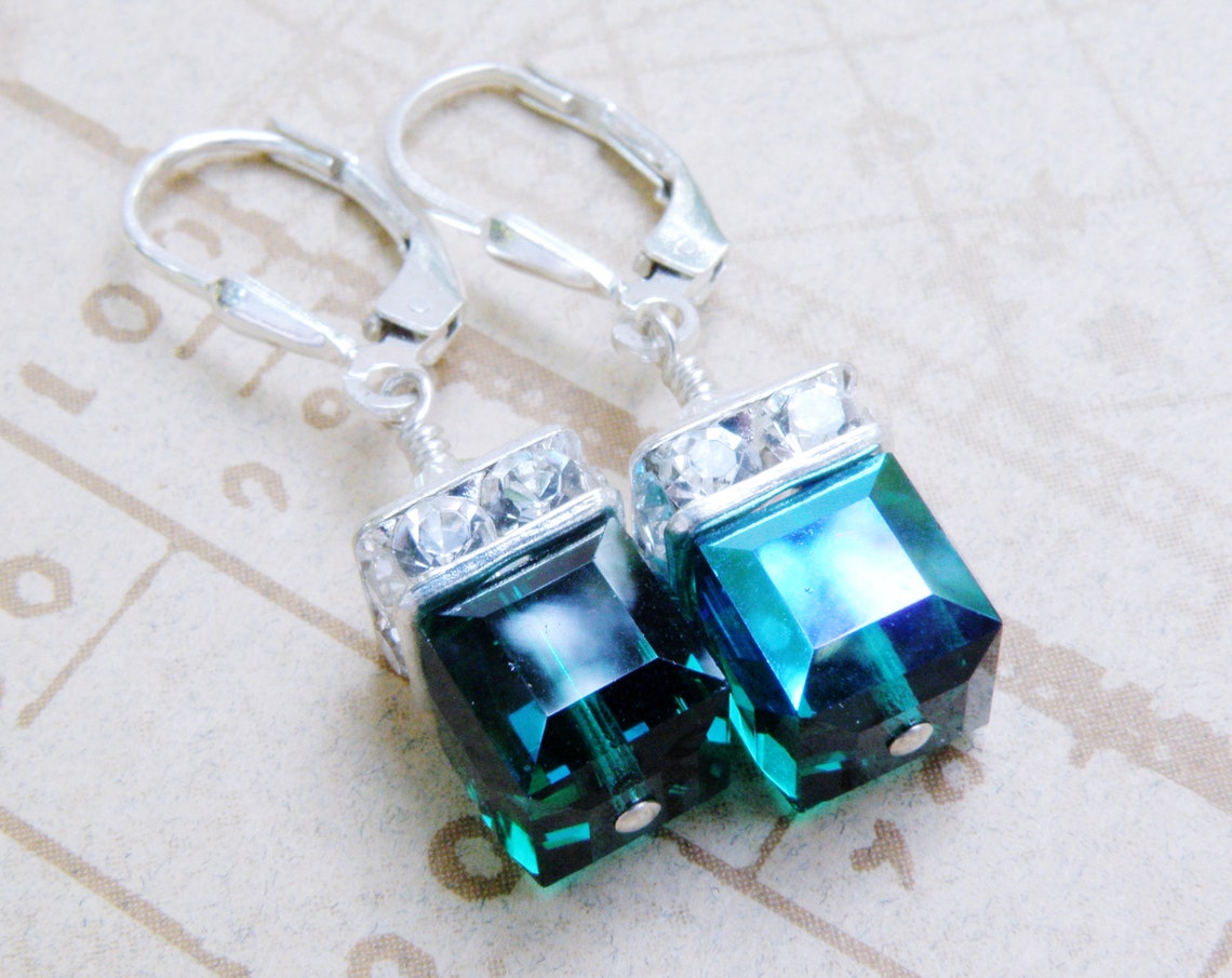 Emerald Crystal Jewelry Set Green Cube Swarovski Sterling - Etsy