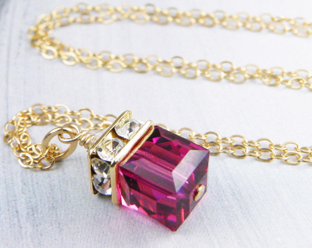 Ruby Crystal Necklace, Crystal Cube Pendant, Gold Filled, Sterling ...