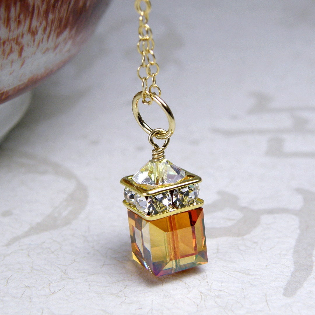Honey Topaz Crystal Cube Necklace, Copper Swarovski Crystal Pendant, Gold Filled or Sterling ...
