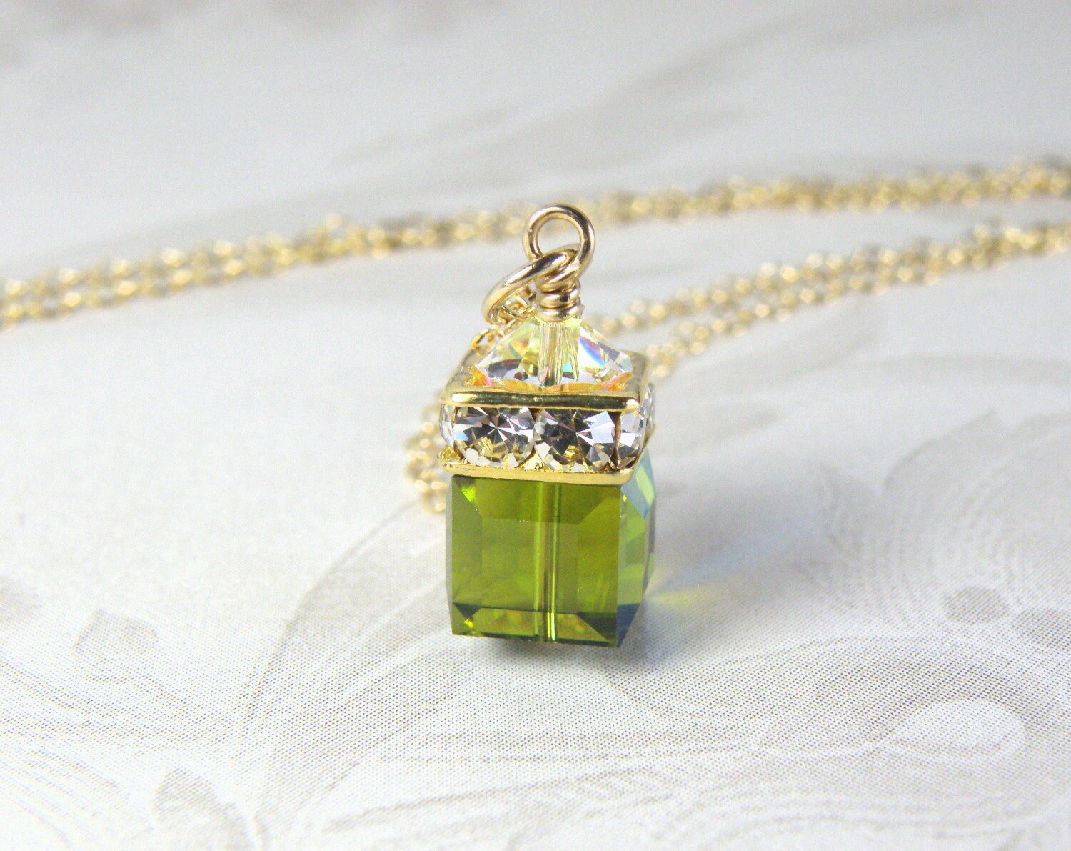 Olive Green Crystal Cube Necklace, Gold Filled or Sterling Silver ...