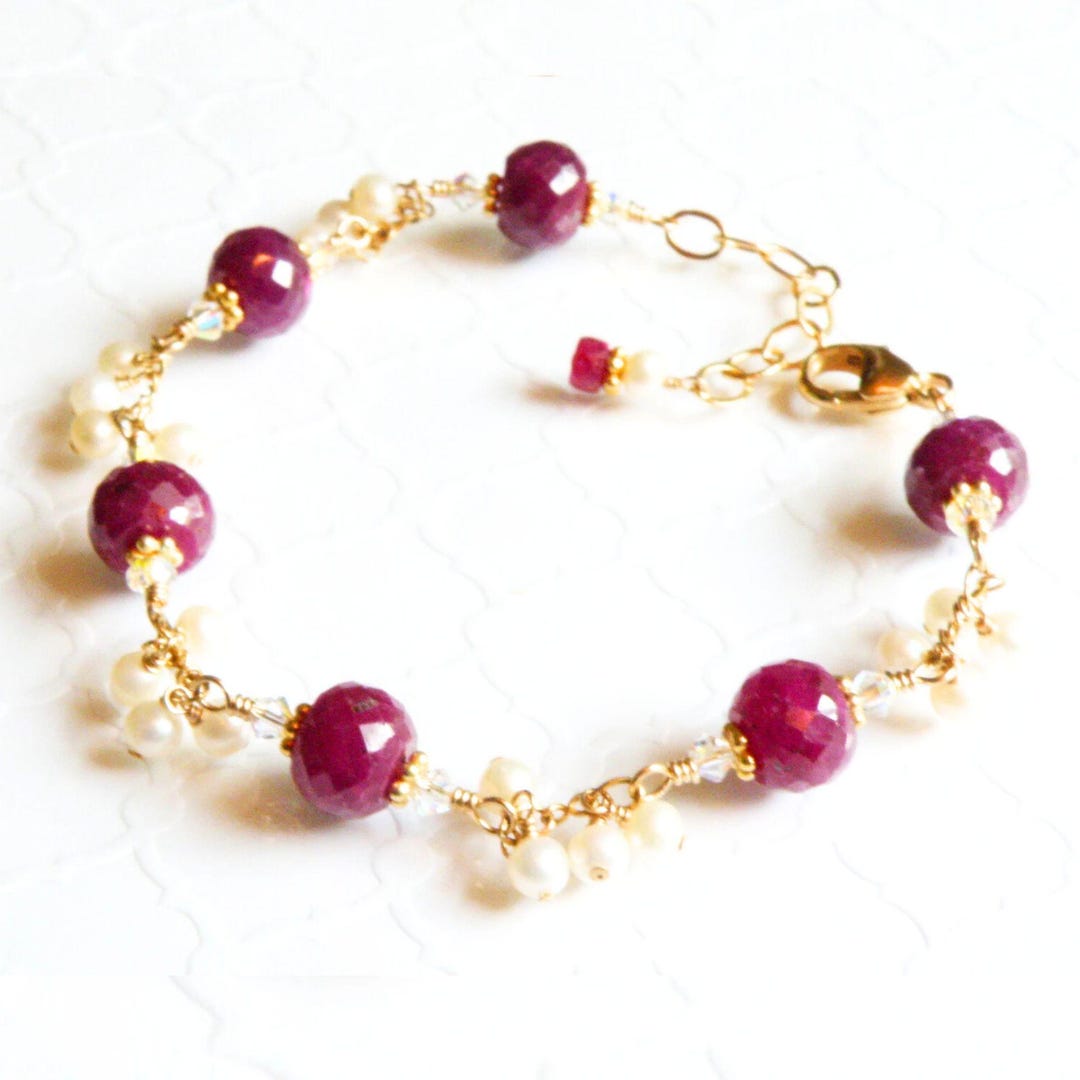 Ruby and Pearl Bracelet, Gold Filled or Sterling Silver, Genuine Red ...