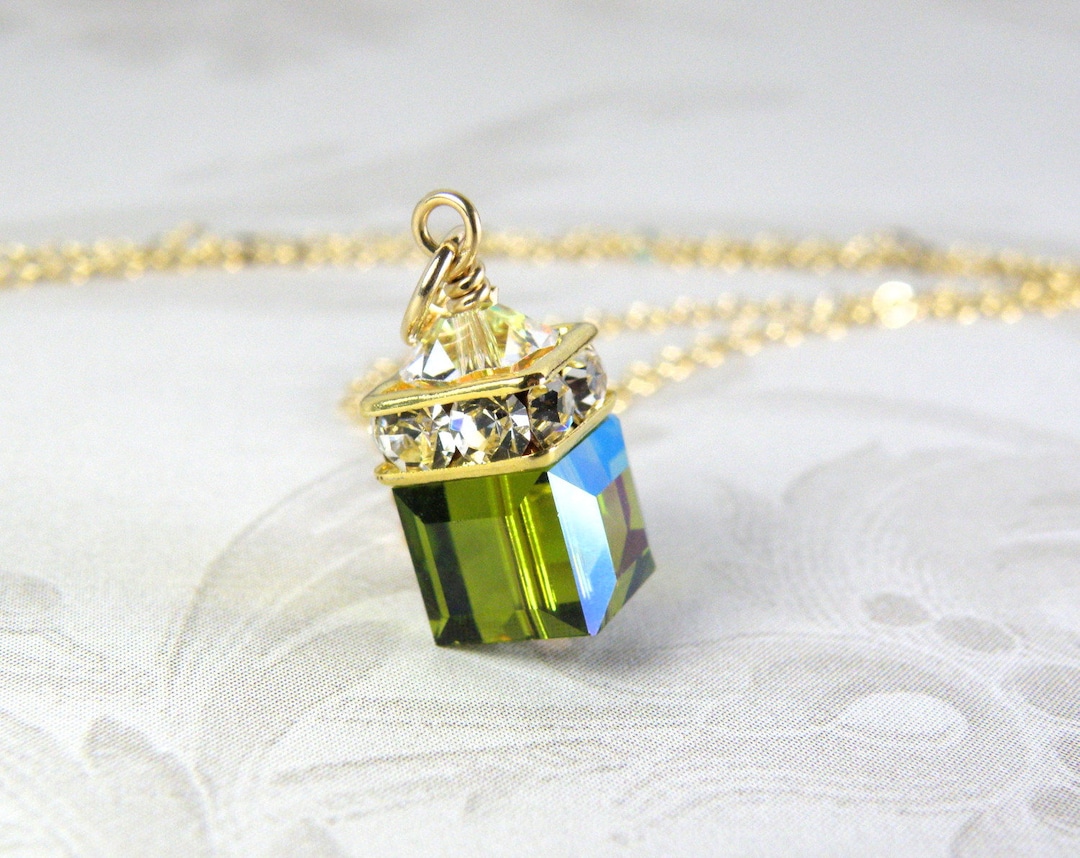 Olive Green Crystal Cube Necklace, Gold Filled or Sterling Silver ...