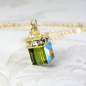 Olive Green Crystal Cube Necklace, Gold Filled or Sterling Silver ...