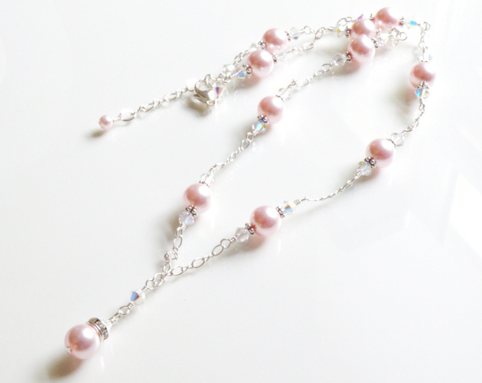 Pink Pearl Necklace, Sterling Silver Chain, Wire Wrapped Blush Pearls ...