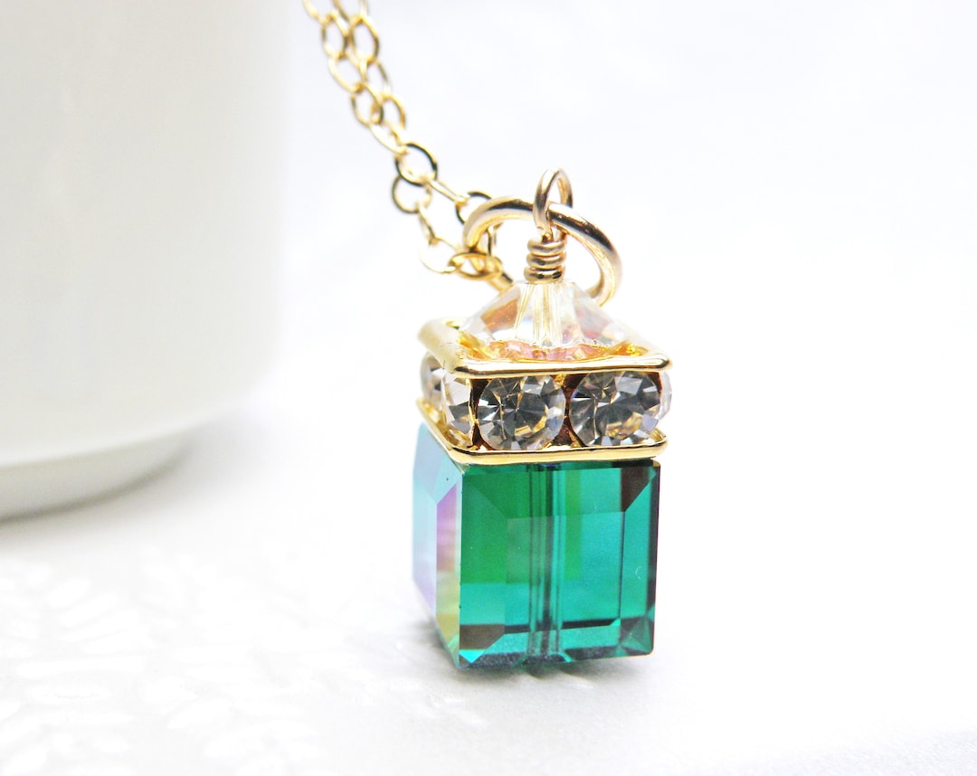 Emerald Green Crystal Cube Necklace, Gold Filled or Sterling Silver ...
