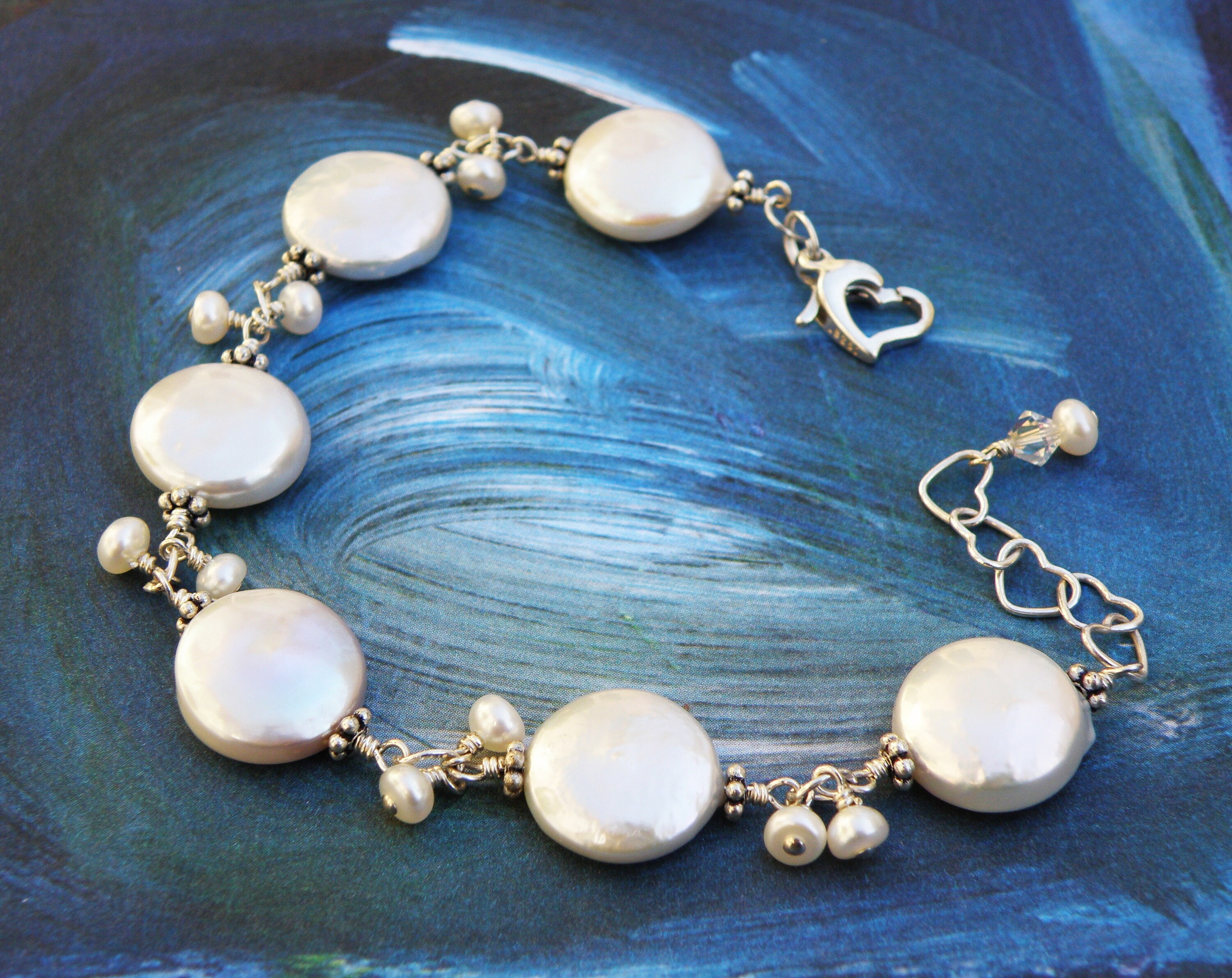 White Coin Pearl Bracelet, Sterling Silver or Gold Freshwater Pearl ...
