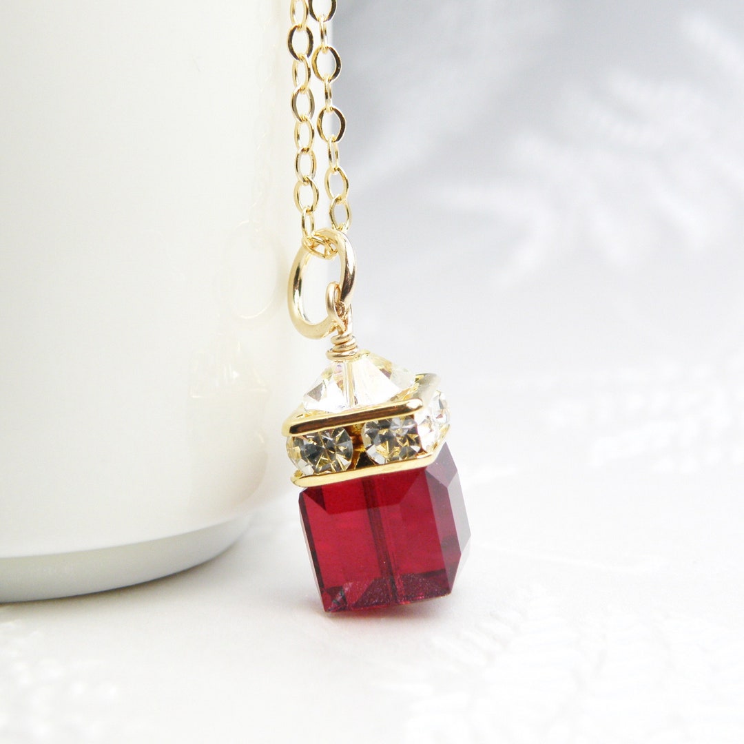 Red Garnet Cube Necklace, Red Crystal Pendant, Gold Filled, Bridesmaid ...