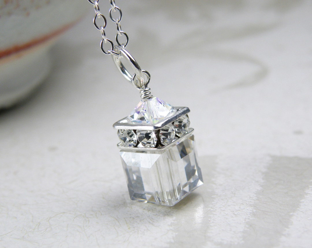 Silver Cube Necklace, Sterling Silver, Gray Crystal Pendant, Minimalist ...