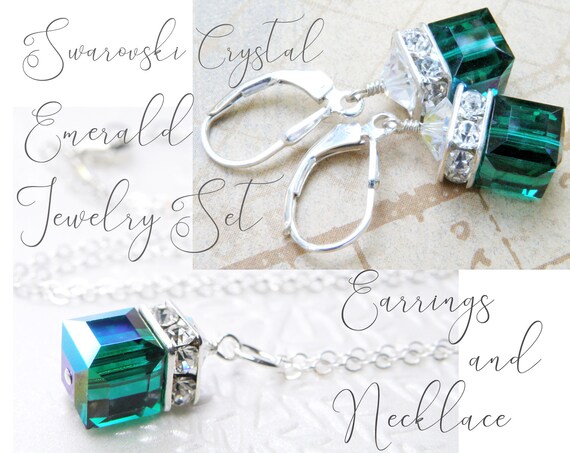Emerald Crystal Jewelry Set Green Cube Swarovski Sterling | Etsy