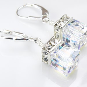 Swarovski Crystal Cube Drop Earrings, Sterling Silver, Clear Opal Wedding Jewelry Bridesmaid ...