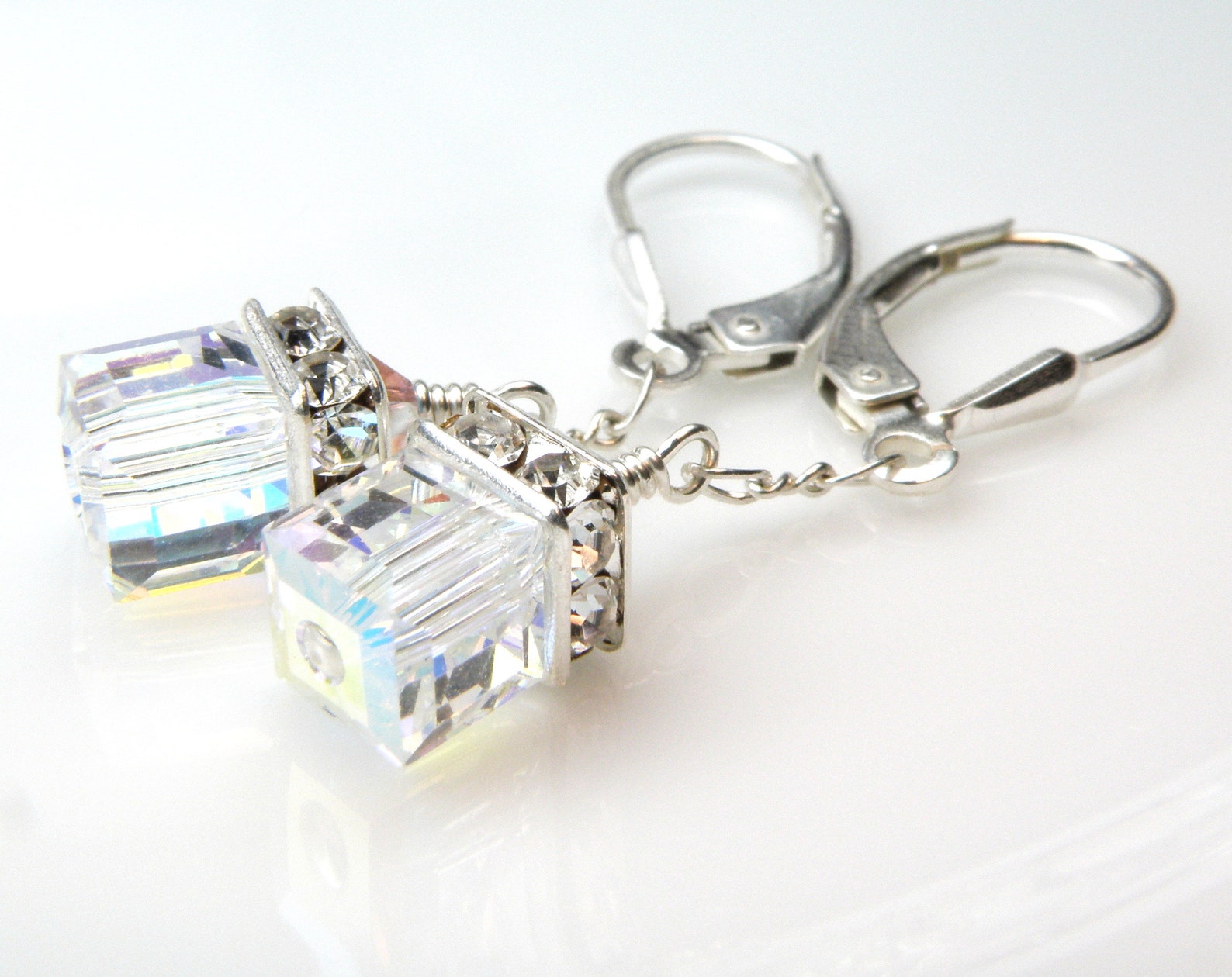 Petite Crystal Earrings, Clear Swarovski Cube Dangle Earrings, Teen Junior Bridesmaid Wedding ...