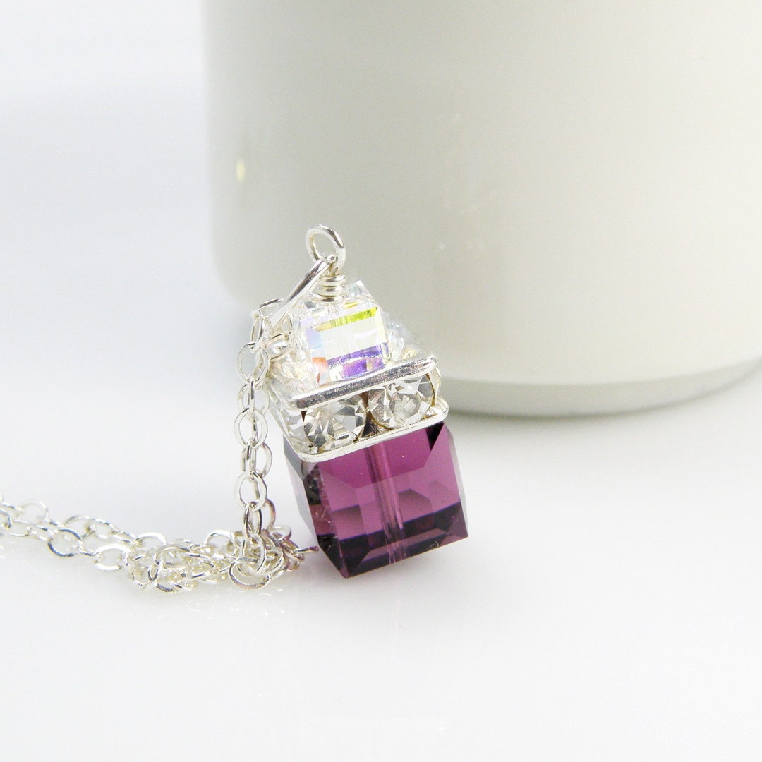Amethyst Cube Necklace, Purple Crystal Pendant, Sterling Silver ...