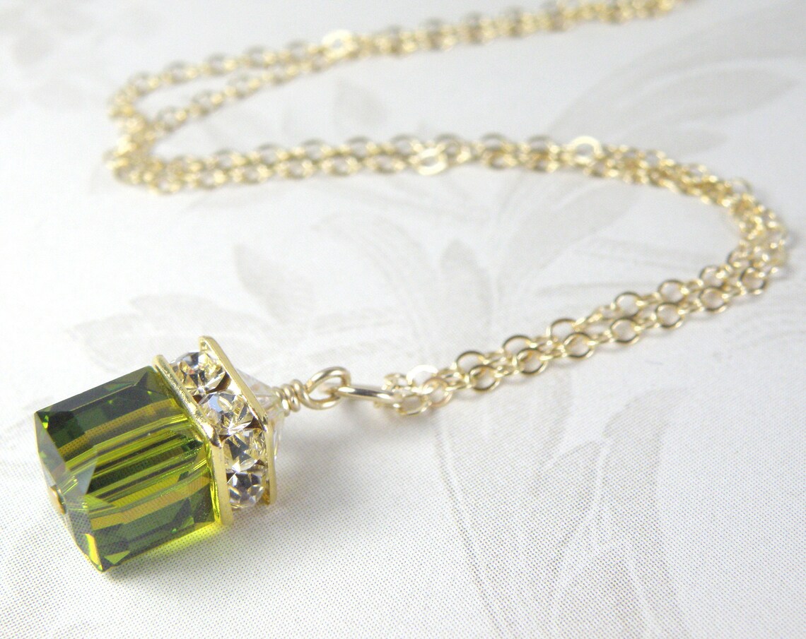 Olive Green Crystal Cube Necklace Gold Filled Green - Etsy