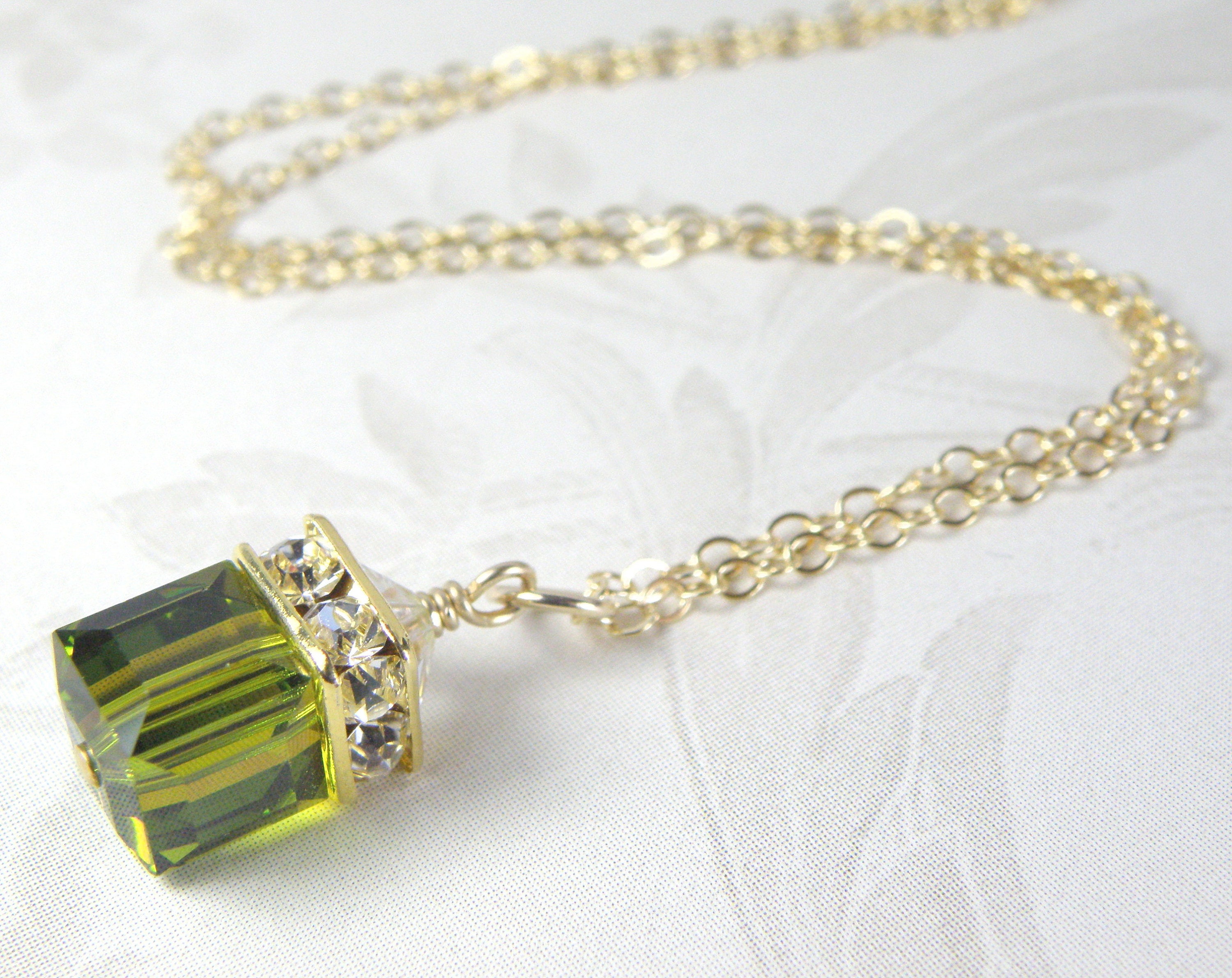 Olive Green Crystal Cube Necklace, Gold Filled or Sterling Silver ...