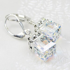 Swarovski Crystal Cube Drop Earrings, Sterling Silver, Clear Opal Wedding Jewelry Bridesmaid ...