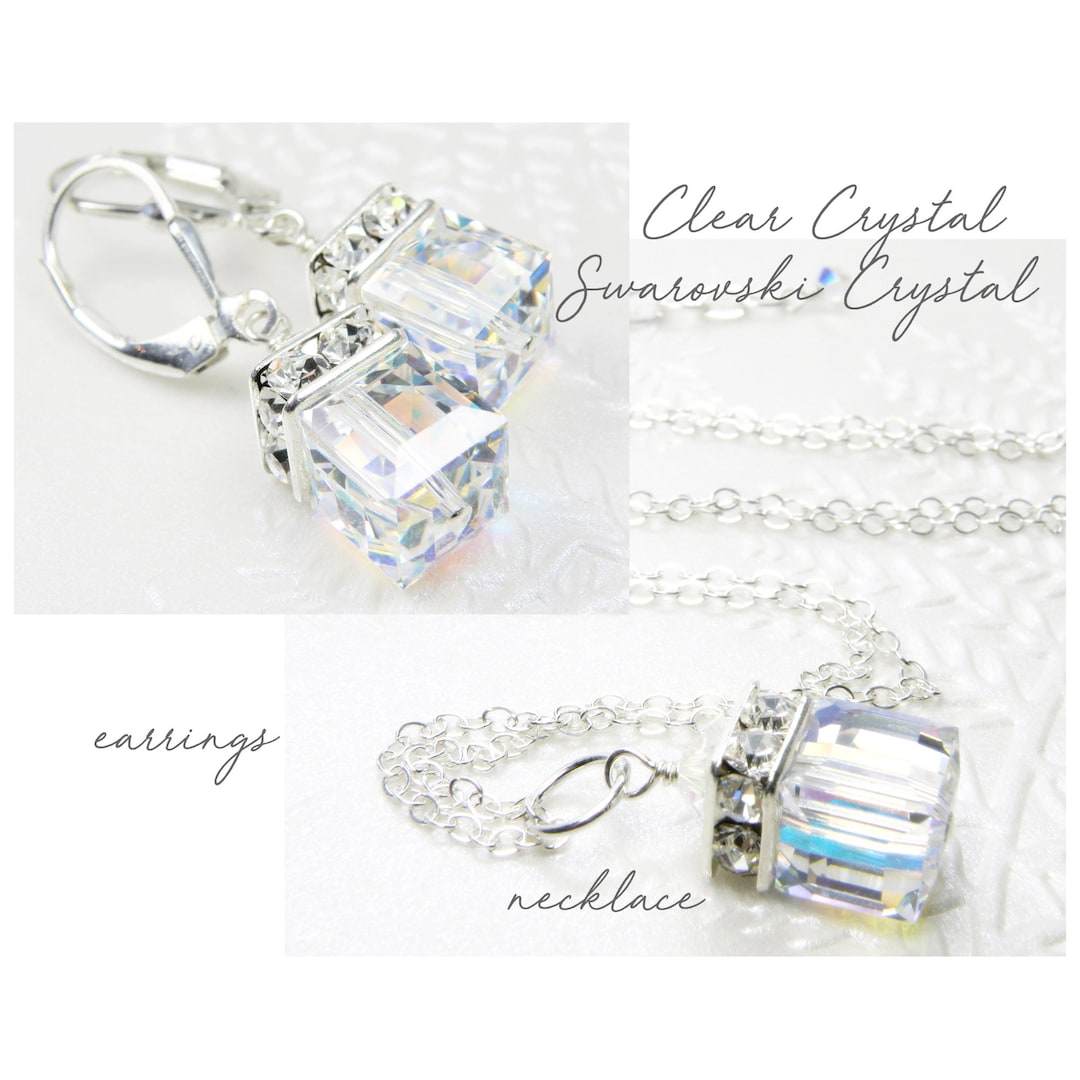 Crystal Cube Necklace and Earrings, Clear Swarovski Crystal Jewelry Set ...