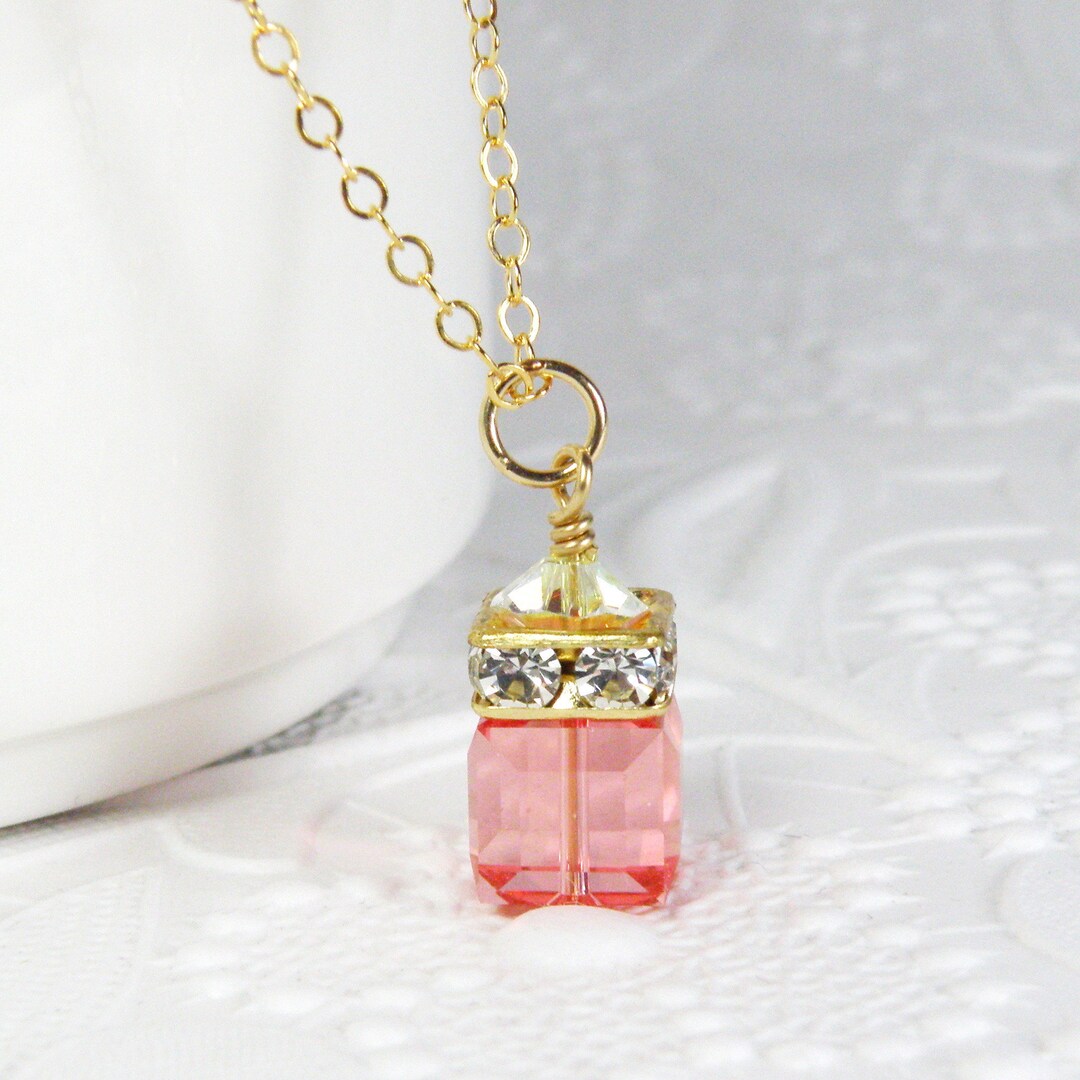 Peach Cube Necklace, Gold Filled, Swarovski Crystal Light Orange ...