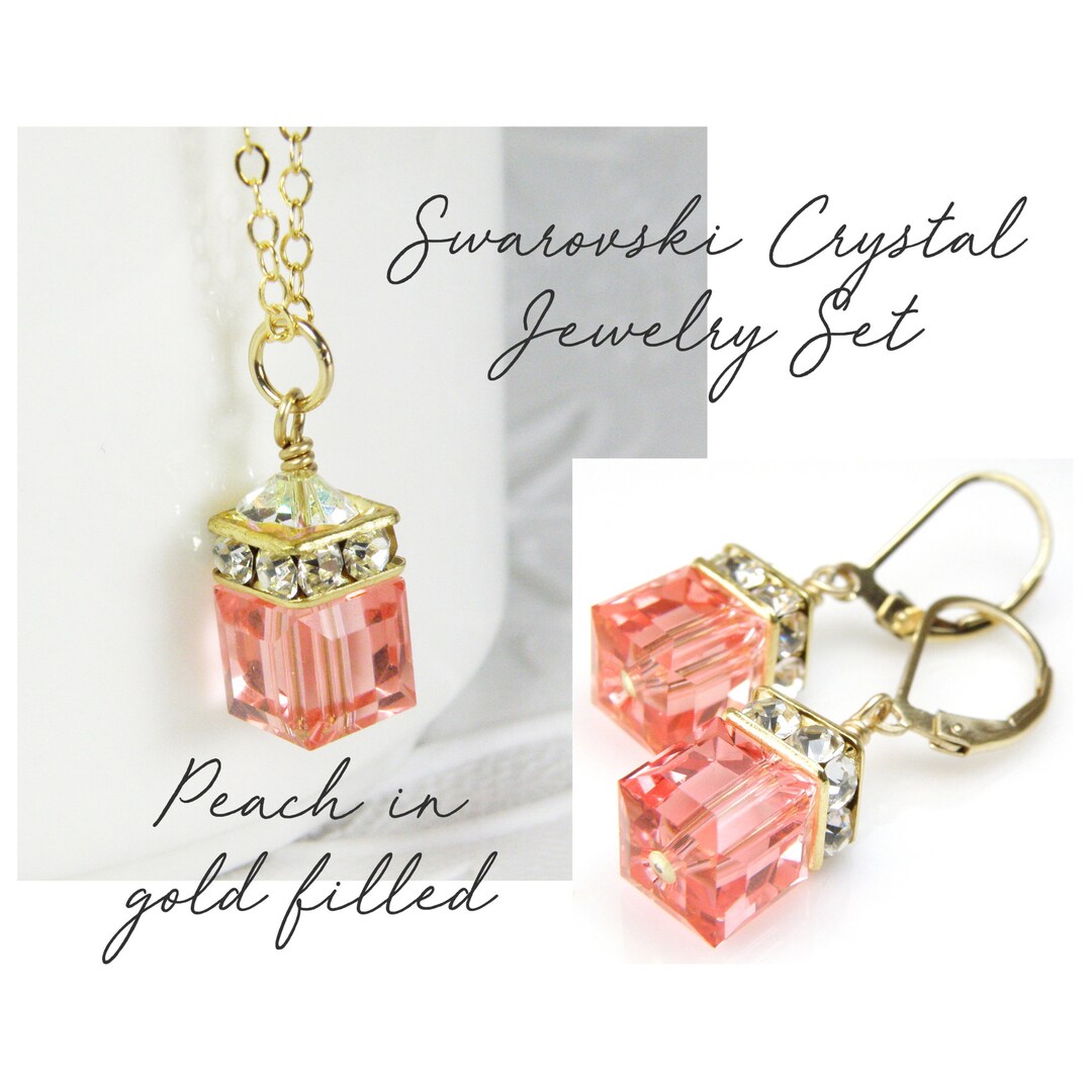 Bridesmaids Jewelry Set, Peach Swarovski Crystal Cube, Gold Filled ...